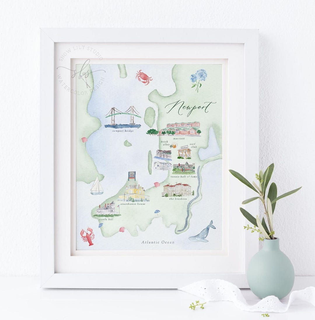 Newport Rhode Island Map Art, Newport Watercolor Map Print, Illustrated ...