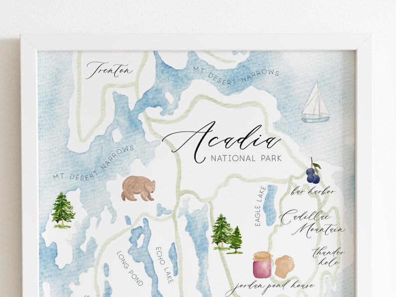 Acadia National Park Watercolor Map Illustrated Map Print - Etsy