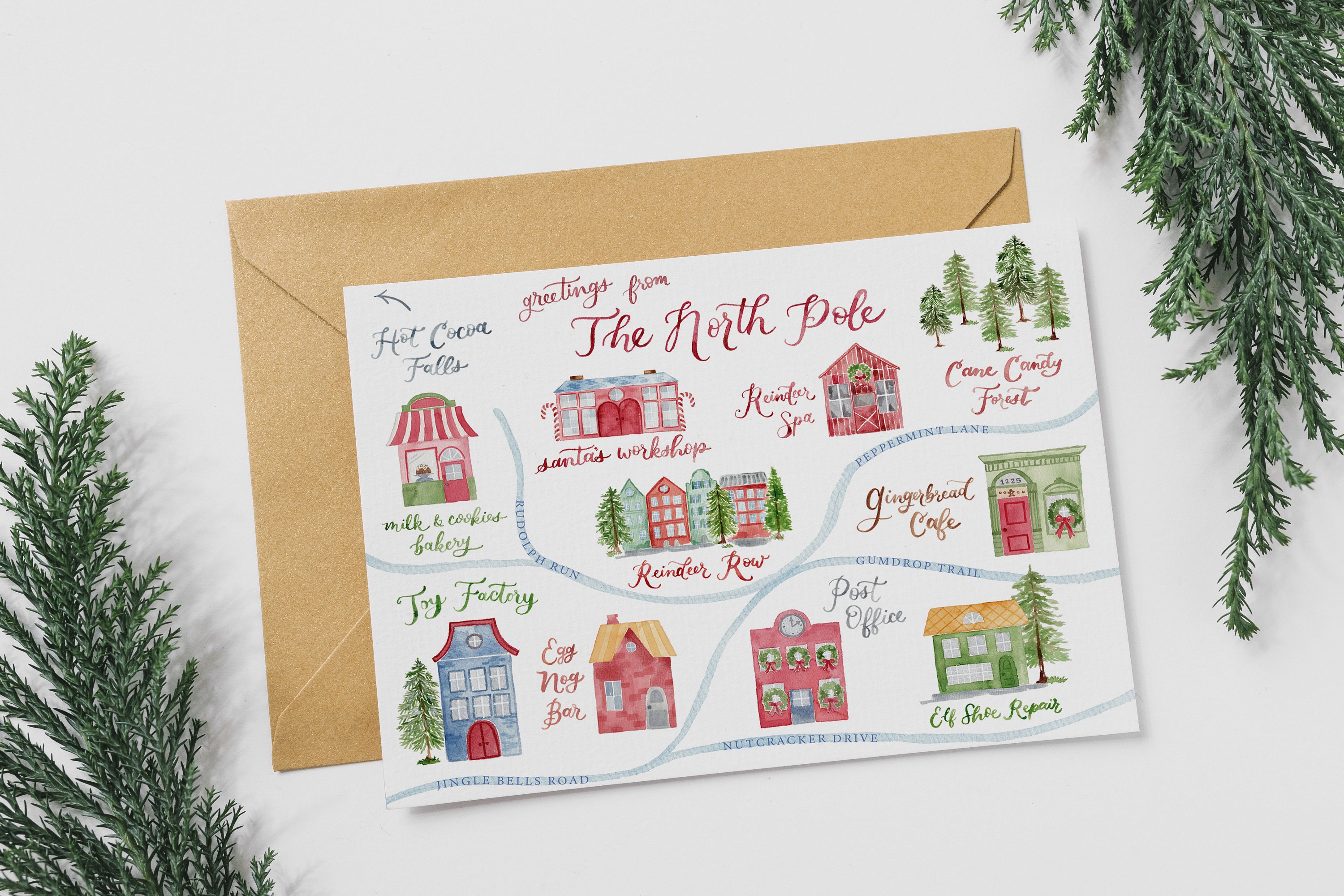 North Pole Christmas card printable holiday card watercolor | Etsy