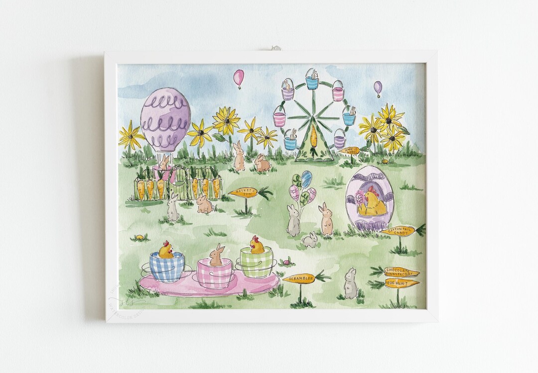 Easter Bunny Art Print, Whimsical Rabbit Watercolor Painting, Cute ...