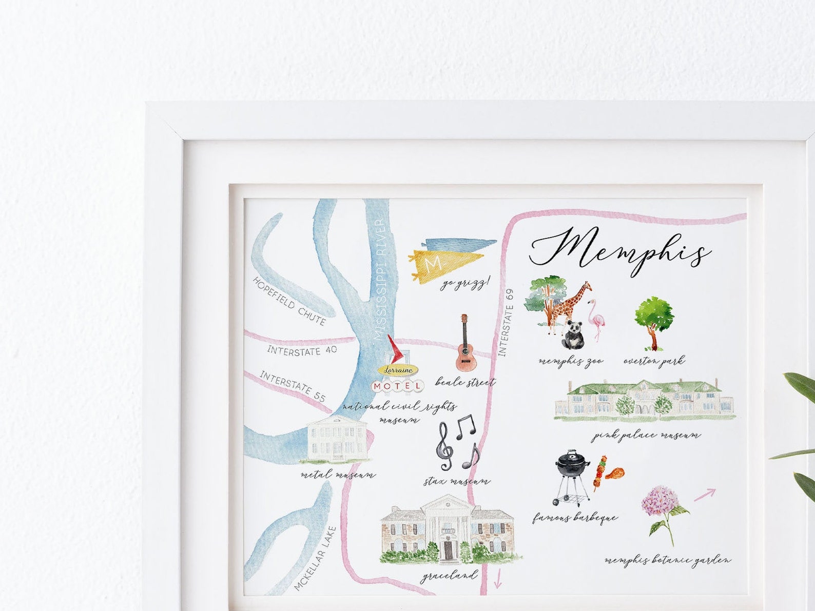 Memphis Watercolor Map Illustrated Map Print Tennessee | Etsy