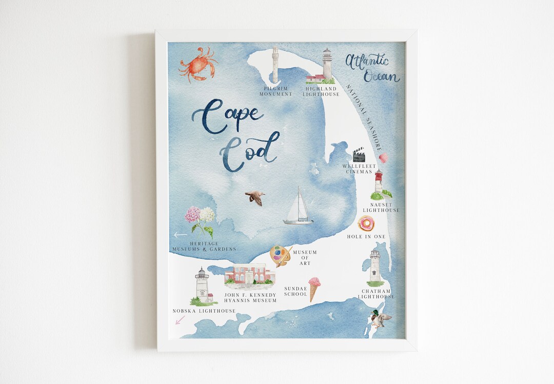 Cape Cod Watercolor Map Print, Illustrated Map Print, Cape Cod ...