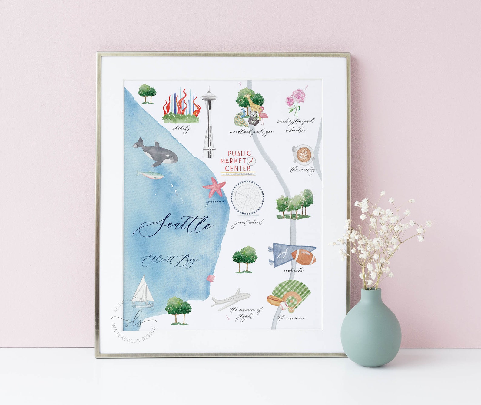 Seattle Washington Illustrated Map Watercolor Map of Seattle - Etsy