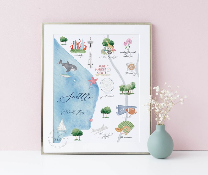 Seattle Washington Illustrated Map Watercolor Map of Seattle - Etsy