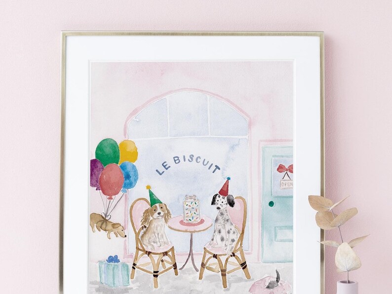 Dog Birthday Party Art Print Watercolor Dog Cafe Print - Etsy