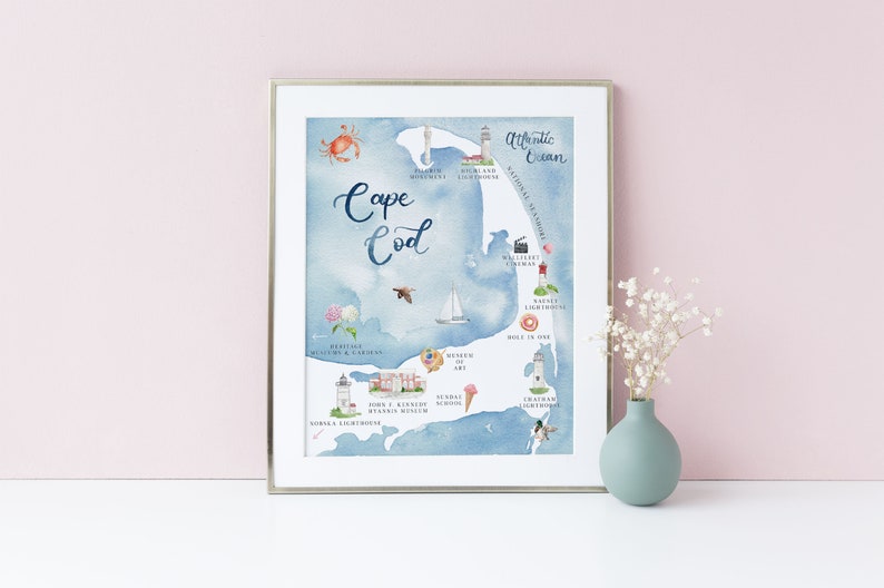 Cape Cod Watercolor Map Print Illustrated Map Print Cape Cod | Etsy