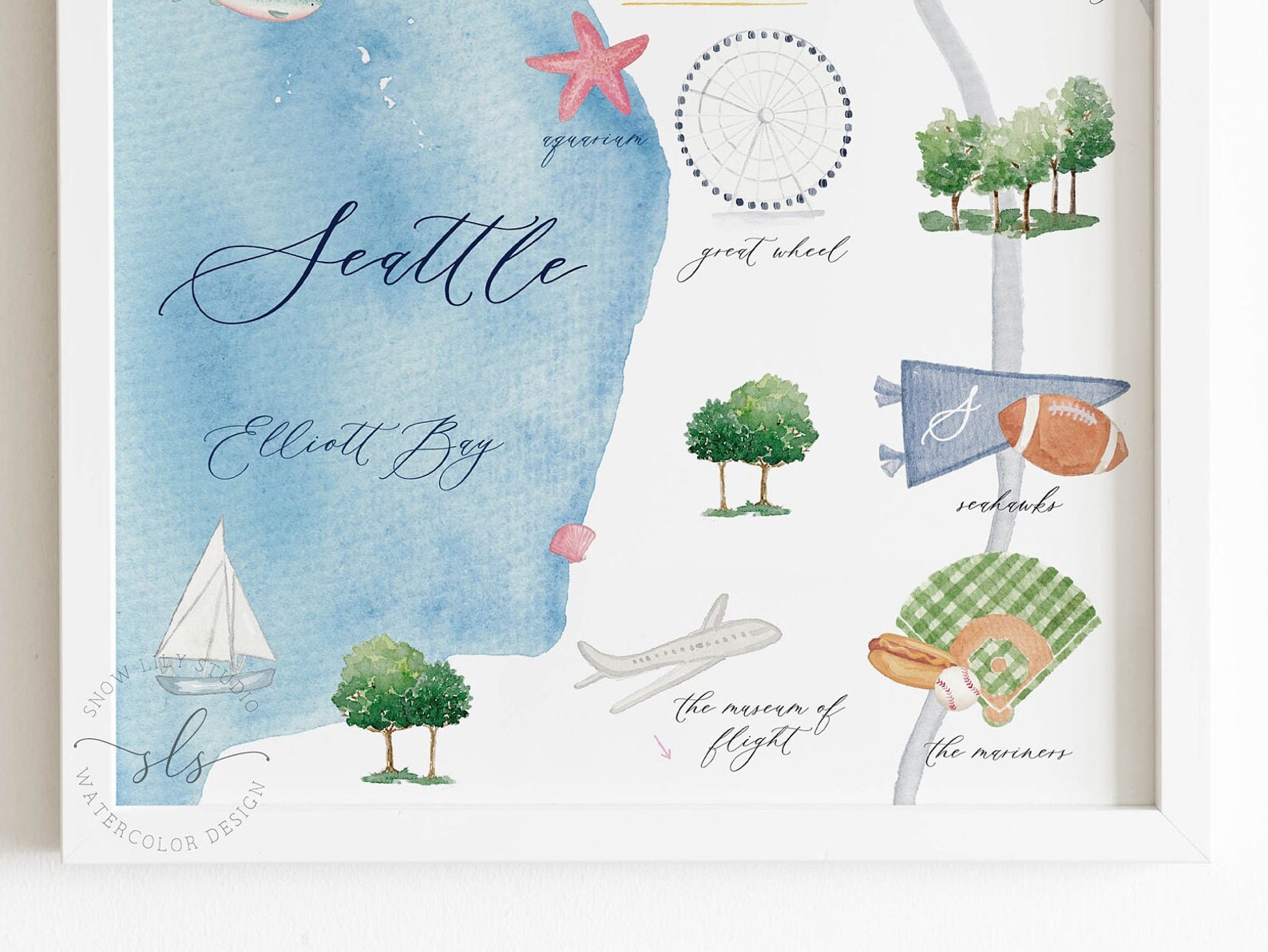 Seattle Washington Illustrated Map Watercolor Map of Seattle - Etsy