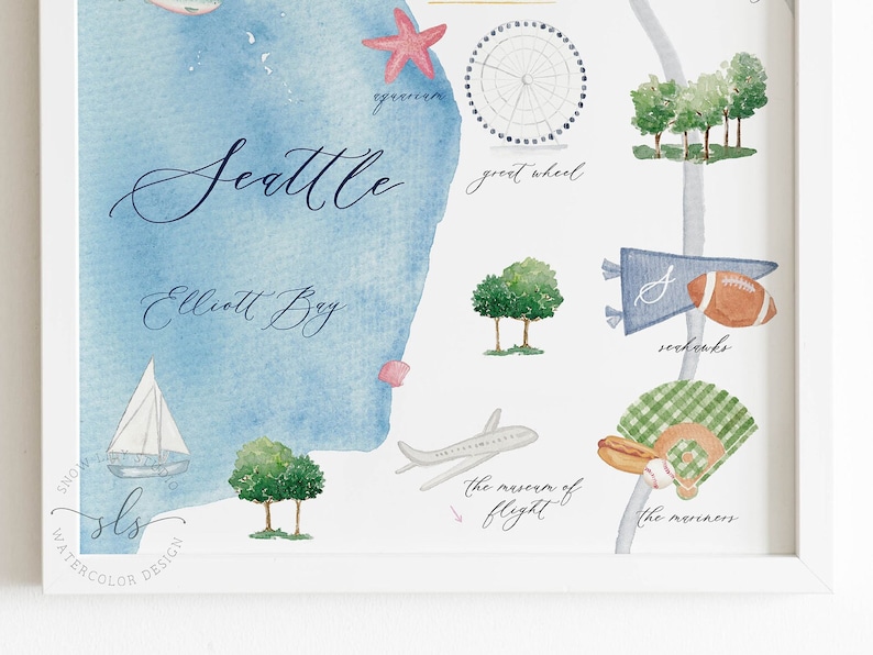 Seattle Washington Illustrated Map Watercolor Map of Seattle - Etsy
