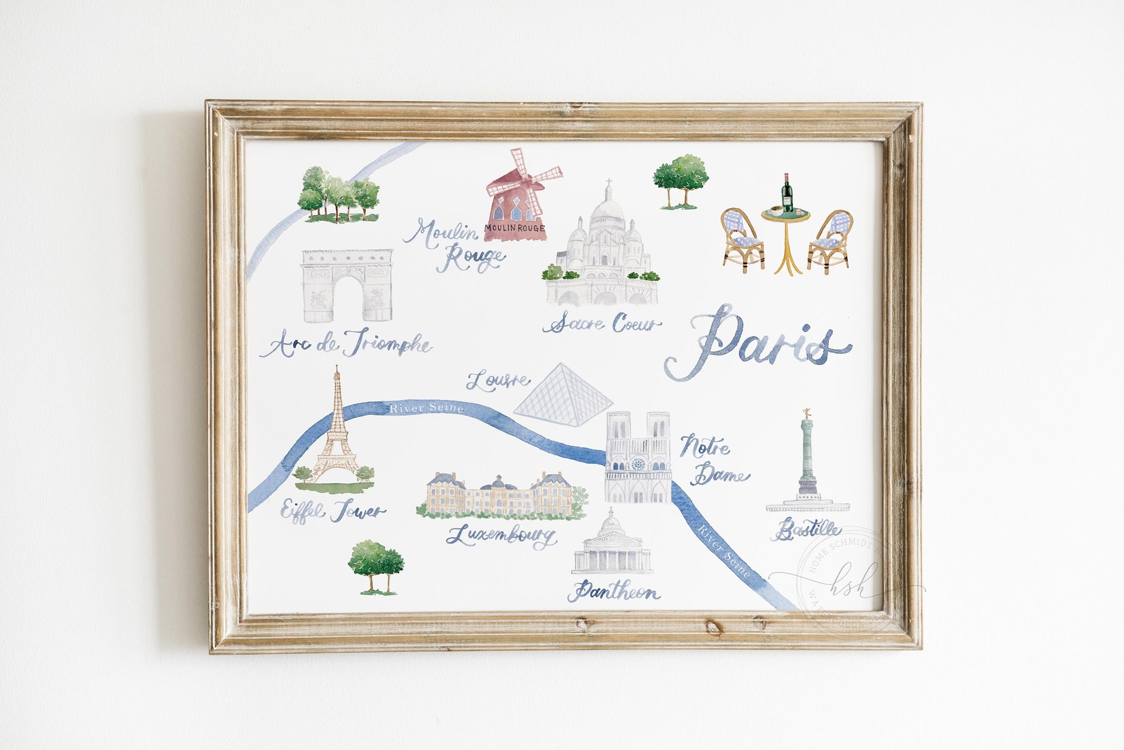 Paris France watercolor map print illustrated map art Paris | Etsy