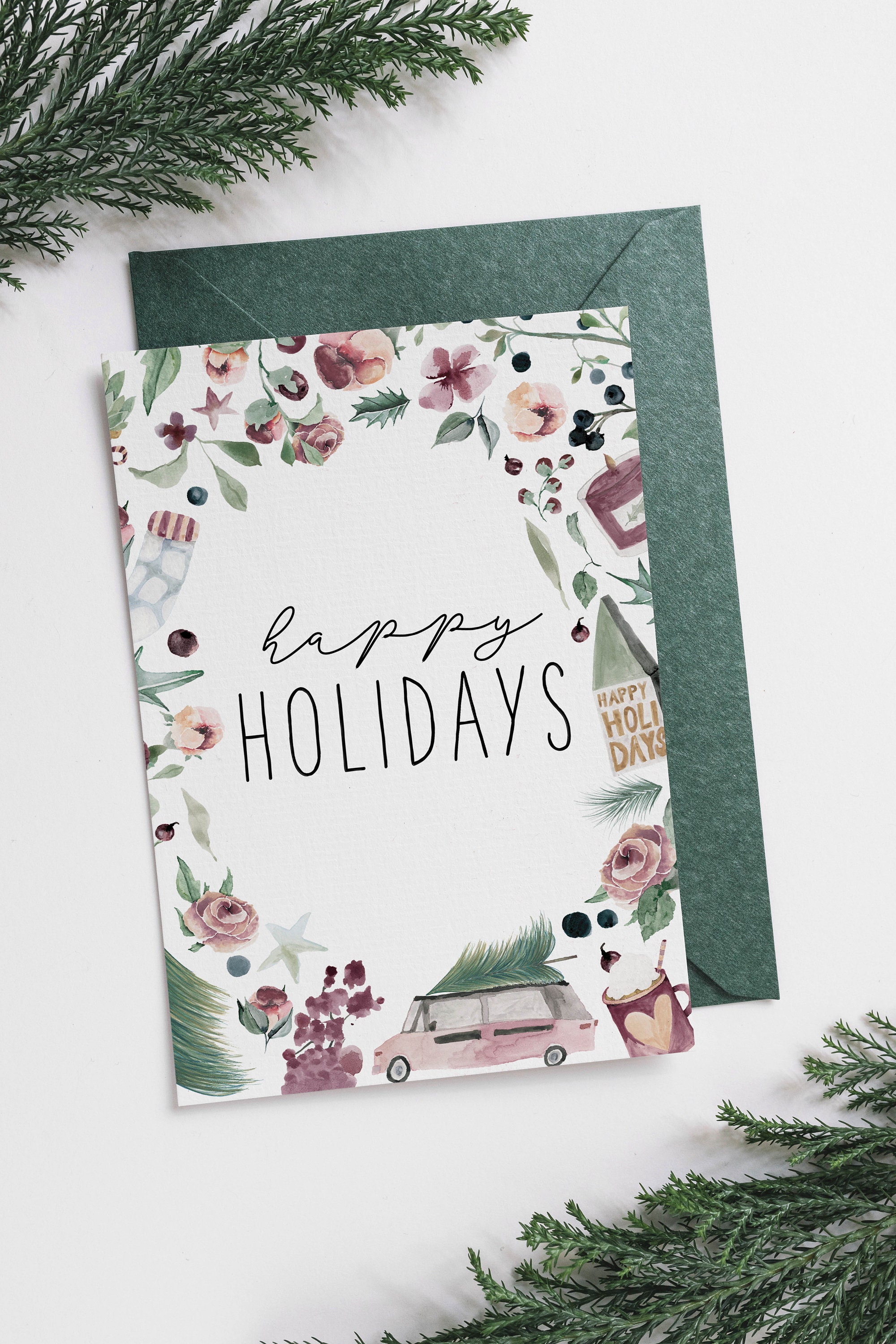 Printable happy holidays Christmas card watercolor holiday | Etsy