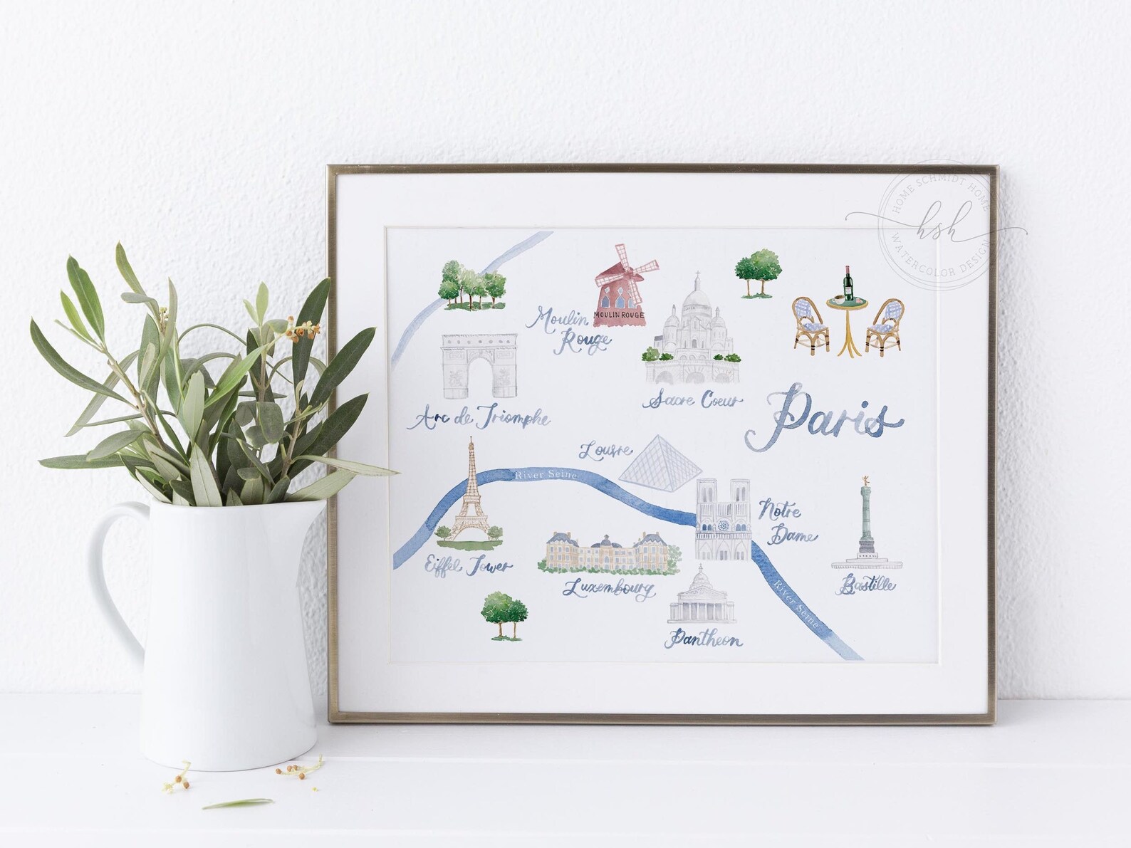 Paris France Watercolor Map Print Illustrated Map Art Paris - Etsy