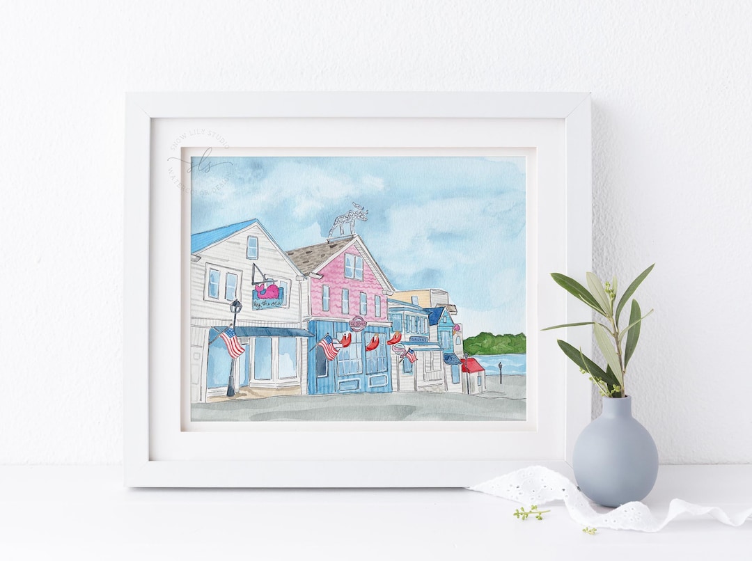 Bar Harbor Maine Digital Art Print, Coastal Town Watercolor Painting ...