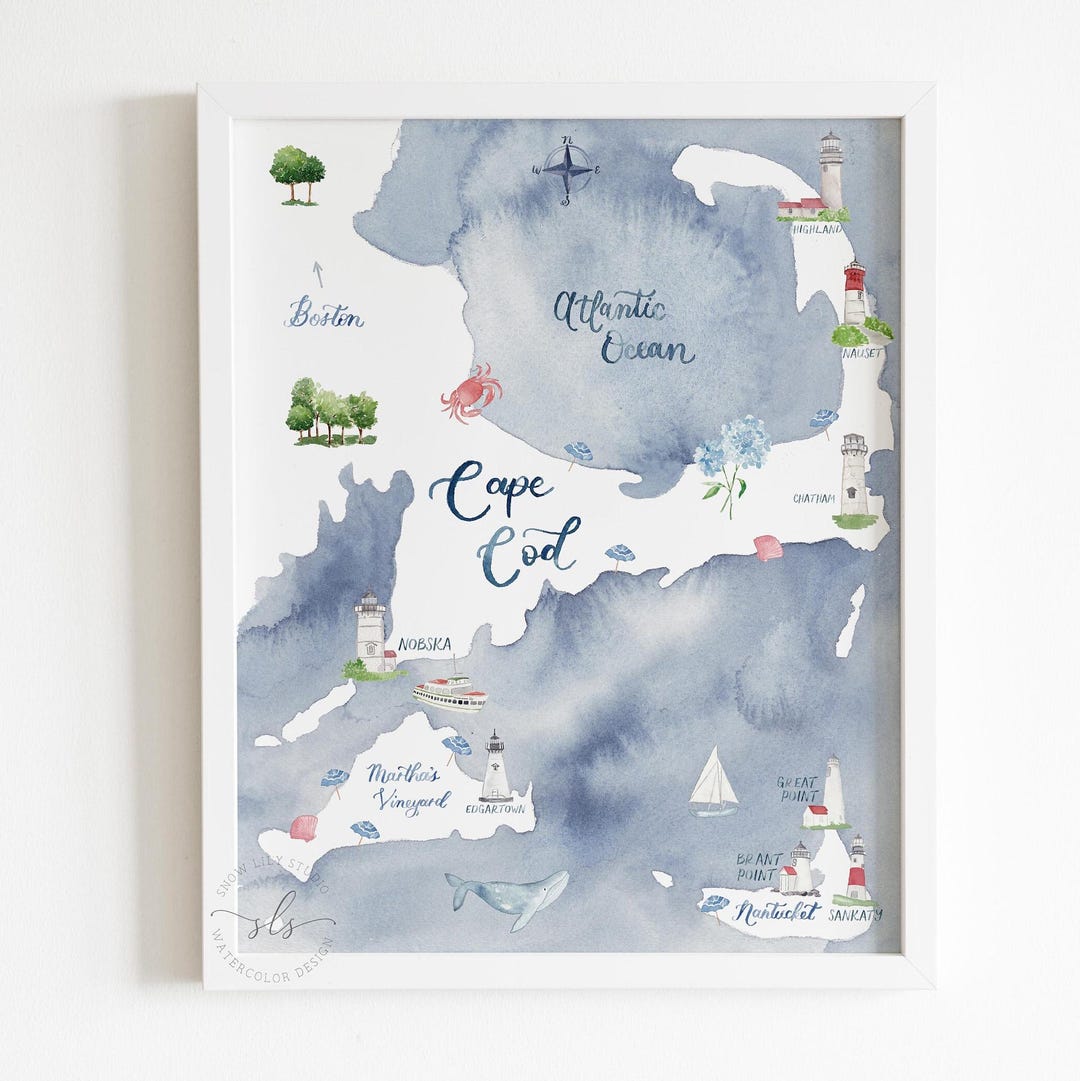 Watercolor Cape Cod Map Print, Illustrated Nantucket & Marthas Vineyard ...
