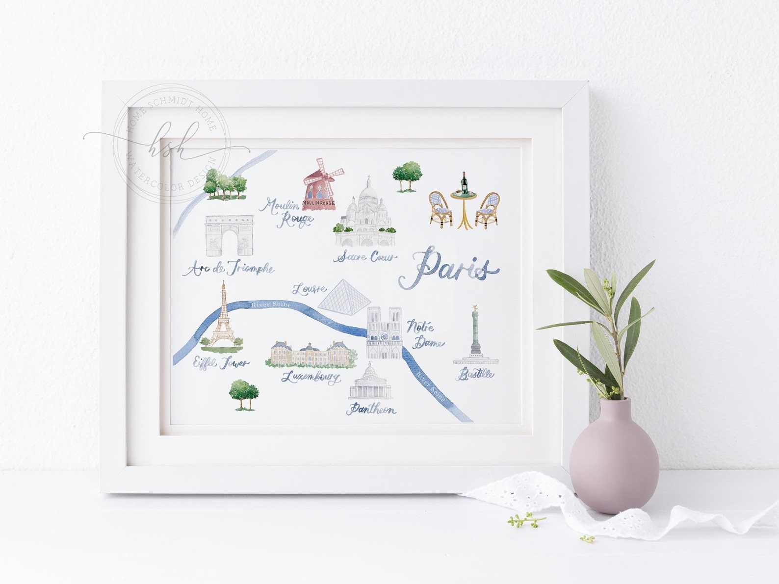 Paris France watercolor map print illustrated map art Paris | Etsy