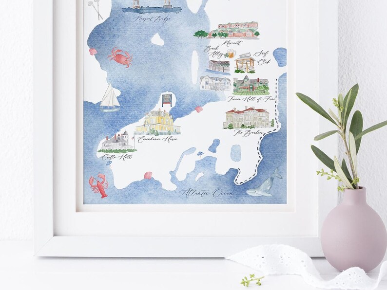 Newport Rhode Island Map Print Watercolor Illustrated Map - Etsy