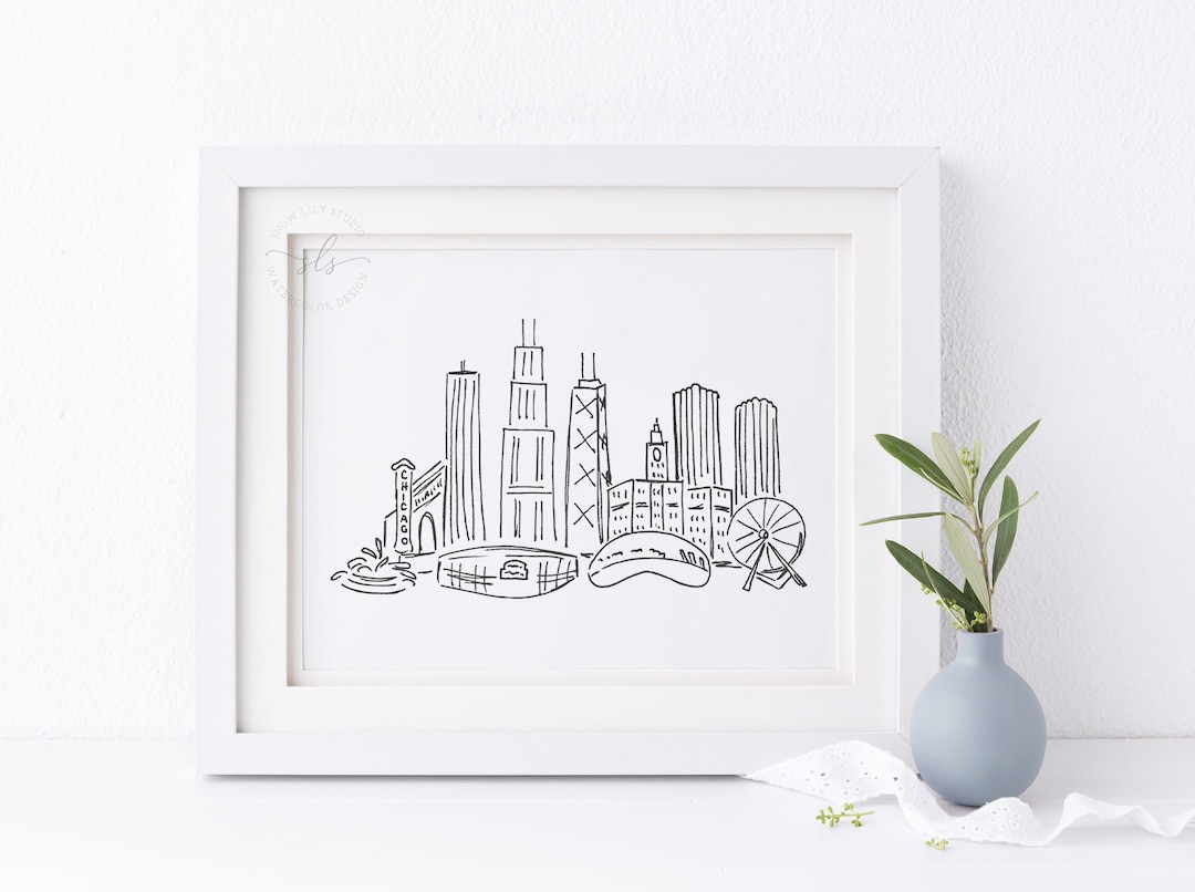 Chicago Skyline Sketch, Chicago Line Art Print, Chicago Illustrated ...