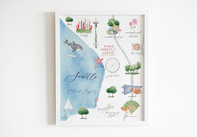 Seattle Washington Illustrated Map Watercolor Map of Seattle - Etsy