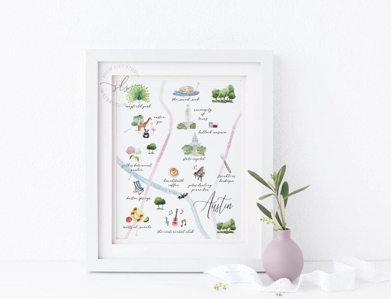 Austin Texas Map Art Watercolor Illustrated Map PRINTABLE | Etsy