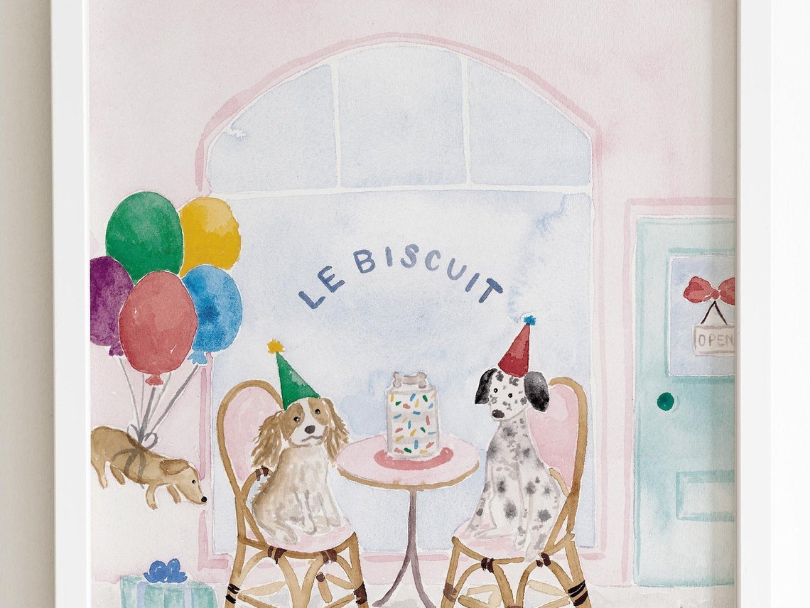 Dog Birthday Party Art Print Watercolor Dog Cafe Print - Etsy