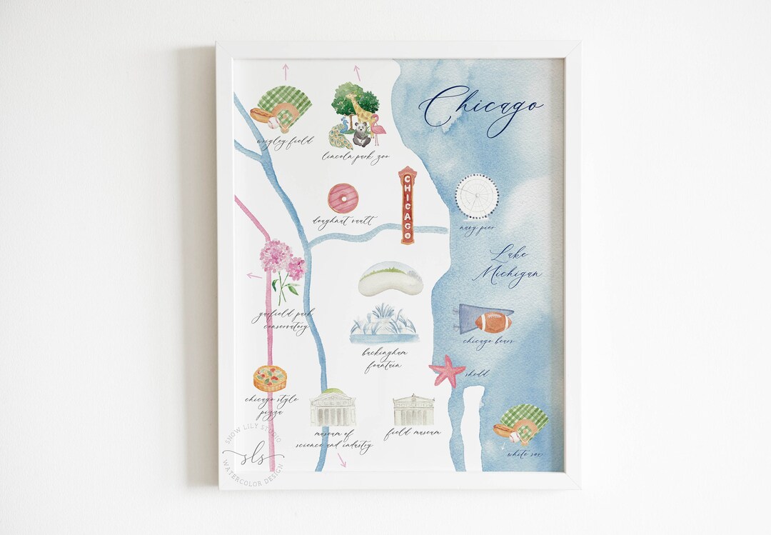Watercolor Illustrated Map of Chicago, Illustrated City Art, Chicago ...