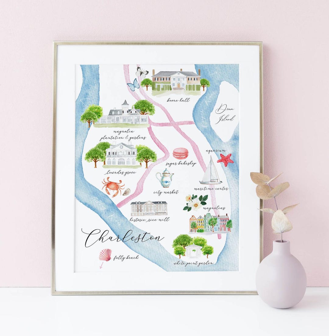 Charleston City Art, Charleston South Carolina Map Art, Watercolor ...
