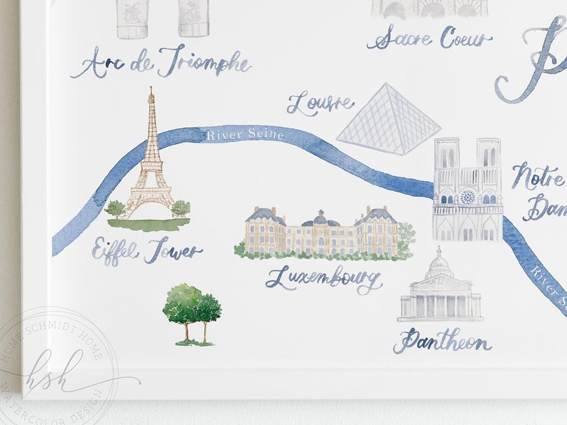Paris France Watercolor Map Print Illustrated Map Art Paris - Etsy