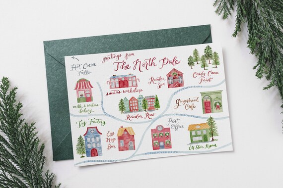 North Pole Christmas Card Printable Holiday Card Watercolor | Etsy