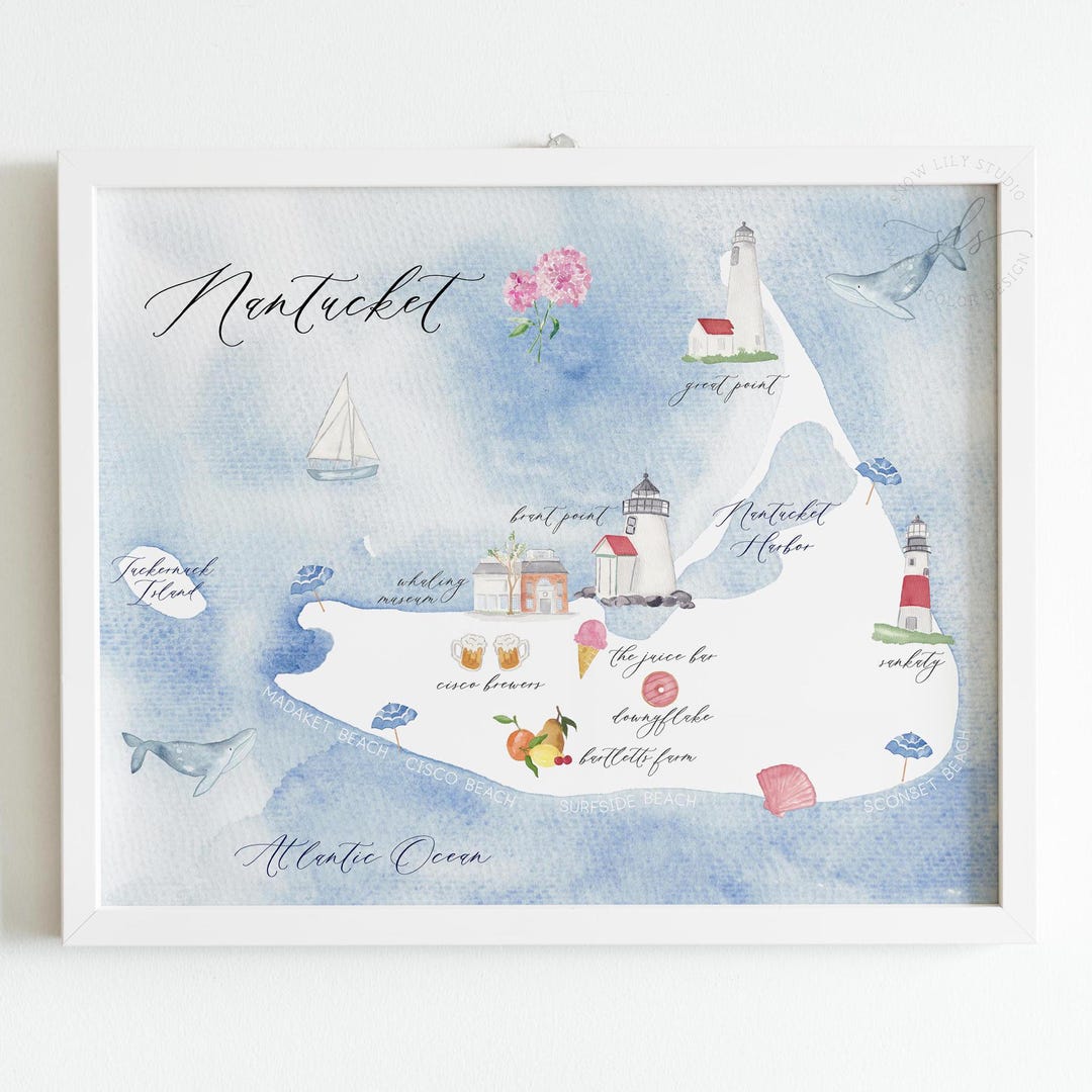 Nantucket Watercolor Map Print, Nantucket Illustrated Map Art, Coastal ...