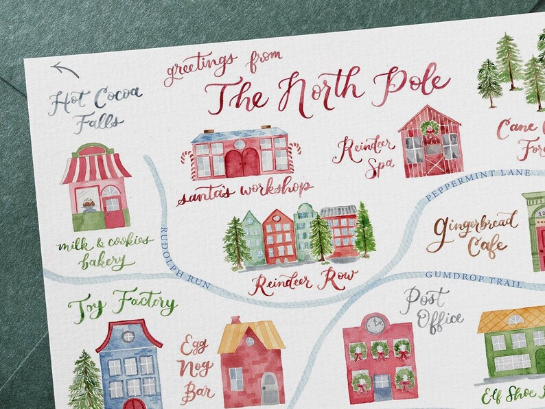 North Pole Christmas card printable holiday card watercolor | Etsy