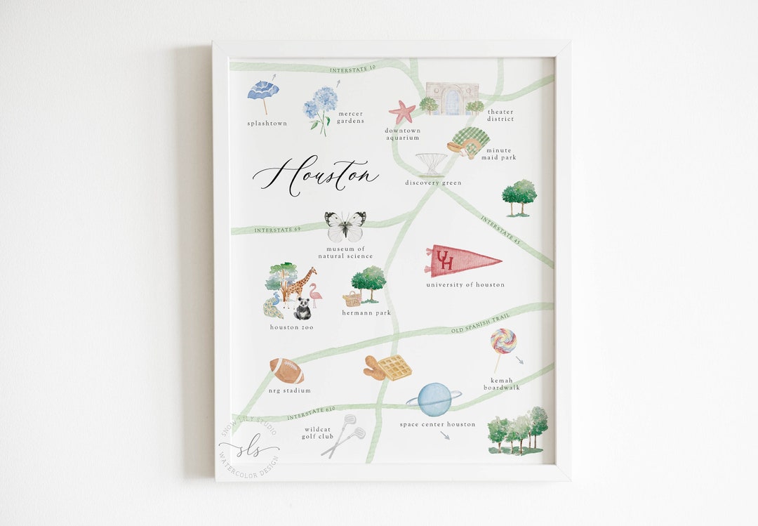 Houston Texas Map Print, Houston Watercolor Map Art, Illustrated City ...