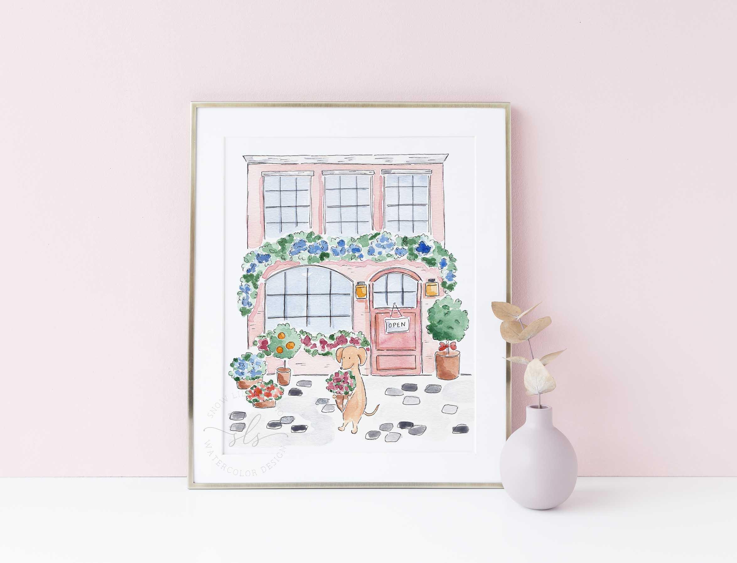 Cute Watercolor Flower Shop Print, Whimsical Dog Art Print, Spring ...