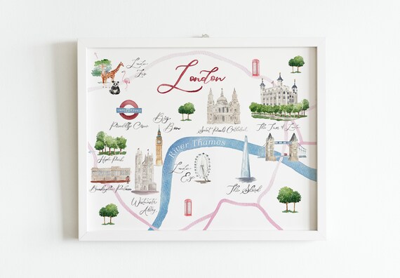 London Illustrated Map Art Print England Watercolor Painting - Etsy