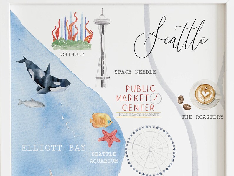 Seattle Washington illustrated map watercolor map of Seattle | Etsy