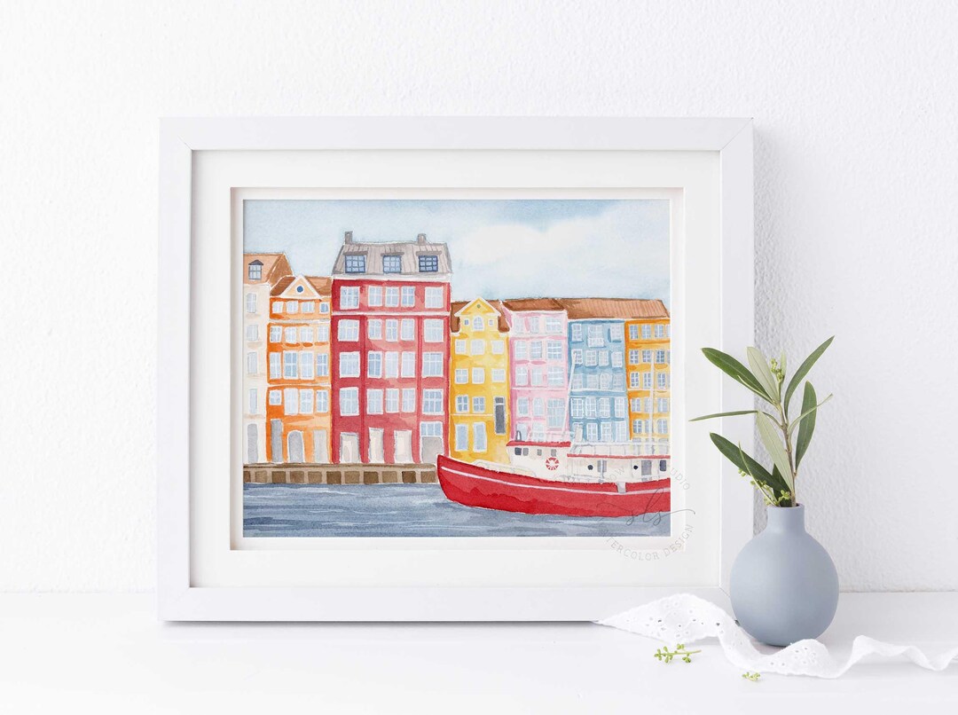 Copenhagen Denmark Watercolor Art Print, Cityscape Painting ...