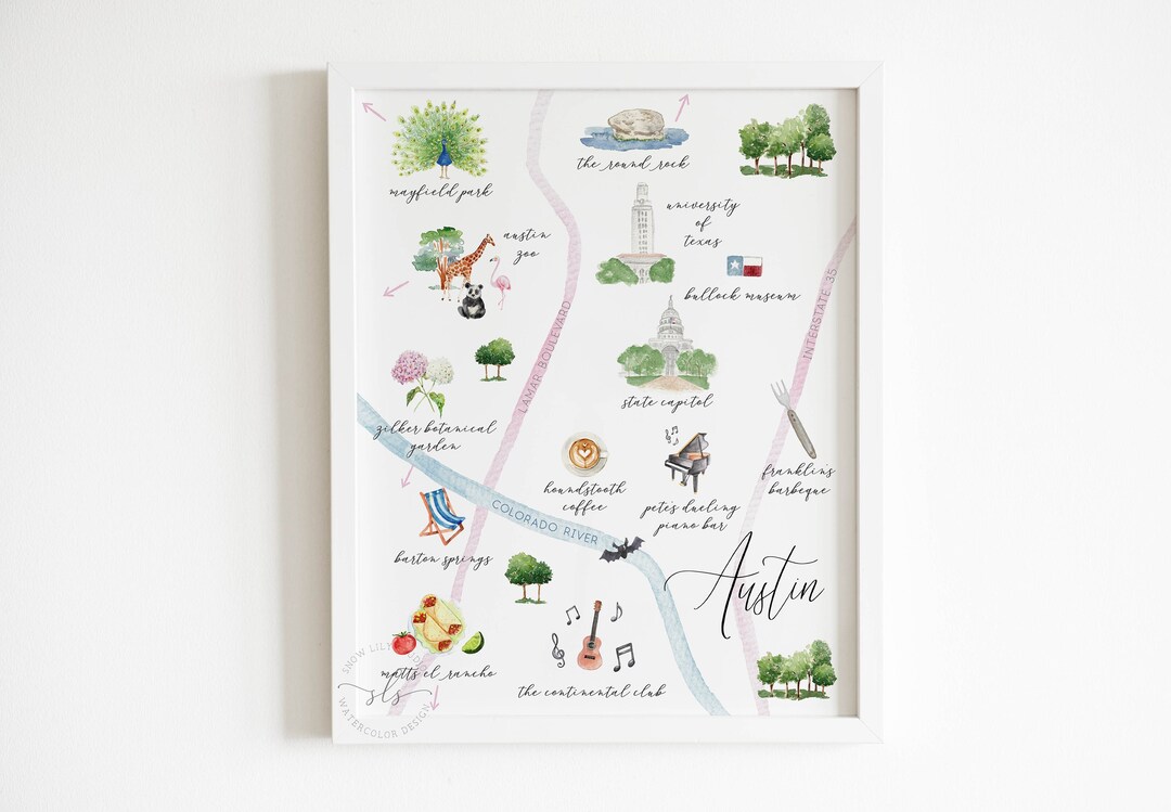 Austin Texas Map Art, Watercolor Illustrated Map, PRINTABLE Wall Art ...