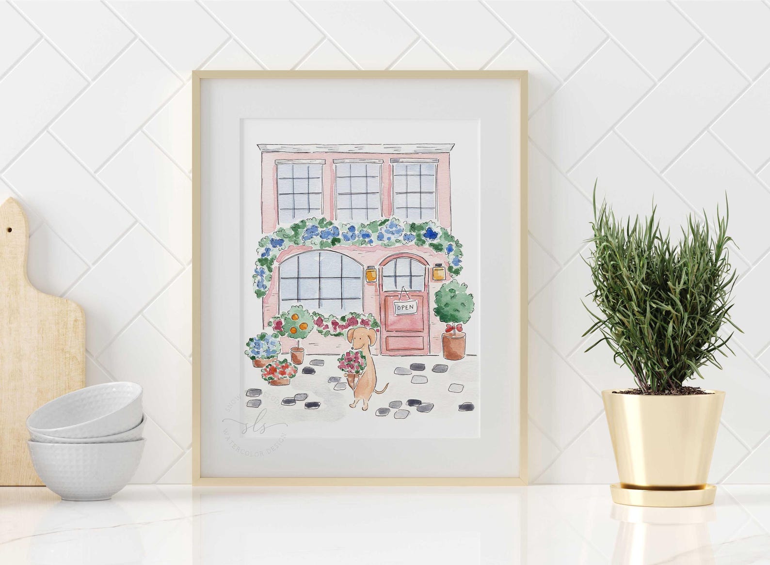 Cute Watercolor Flower Shop Print, Whimsical Dog Art Print, Spring ...