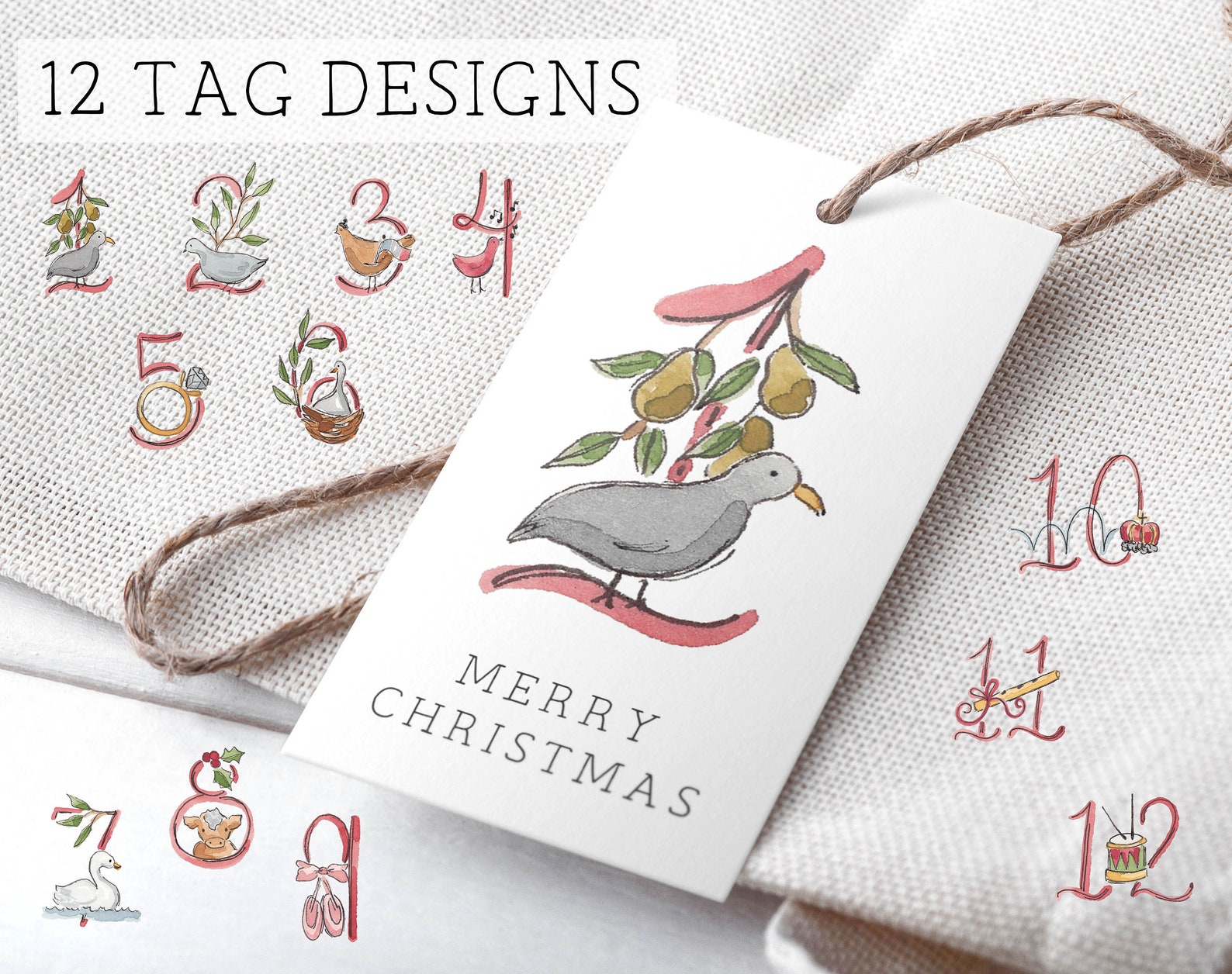 12 Days of Christmas Gift Tags, Set of Holiday Tags, Watercolor ...