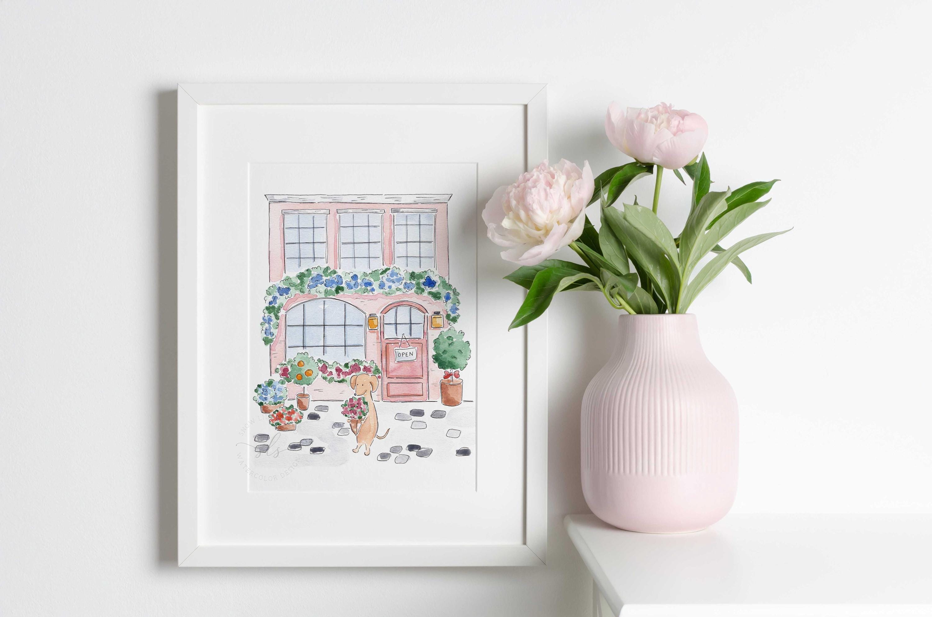Cute Watercolor Flower Shop Print, Whimsical Dog Art Print, Spring ...