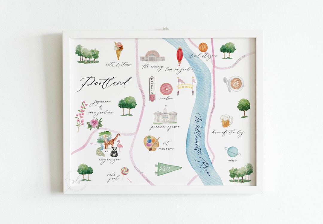 Portland Oregon Map Print, Watercolor Illustrated Map Art, Portland ...