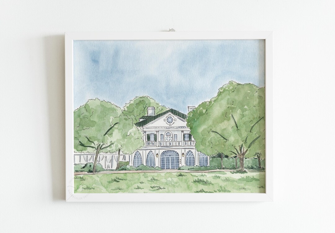 Lowndes Grove Charleston Art Print, Wedding Venue Portrait, Watercolor ...