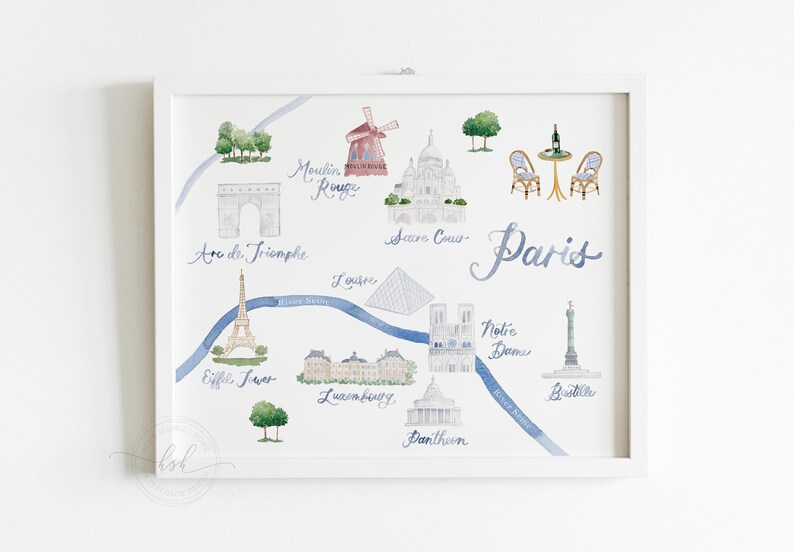 Paris France Watercolor Map Print Illustrated Map Art Paris - Etsy