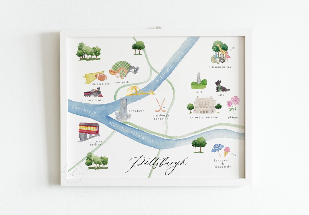Pittsburgh Watercolor Map Art Print: Illustrated City Map (digital ...