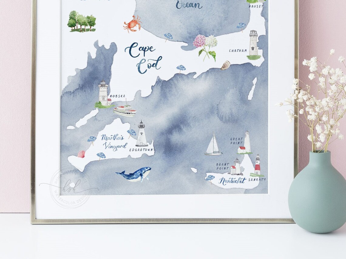 Map of Cape Cod Marthas Vineyard and Nantucket illustrated | Etsy