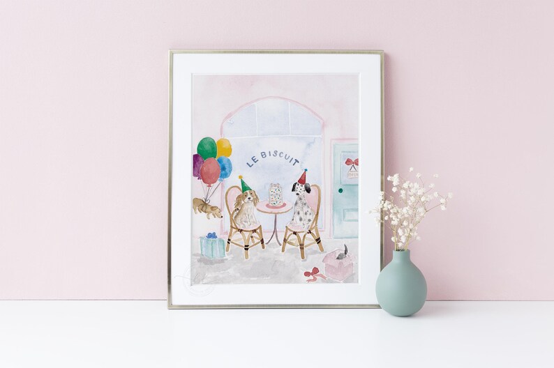 Dog Birthday Party Art Print Watercolor Dog Cafe Print - Etsy