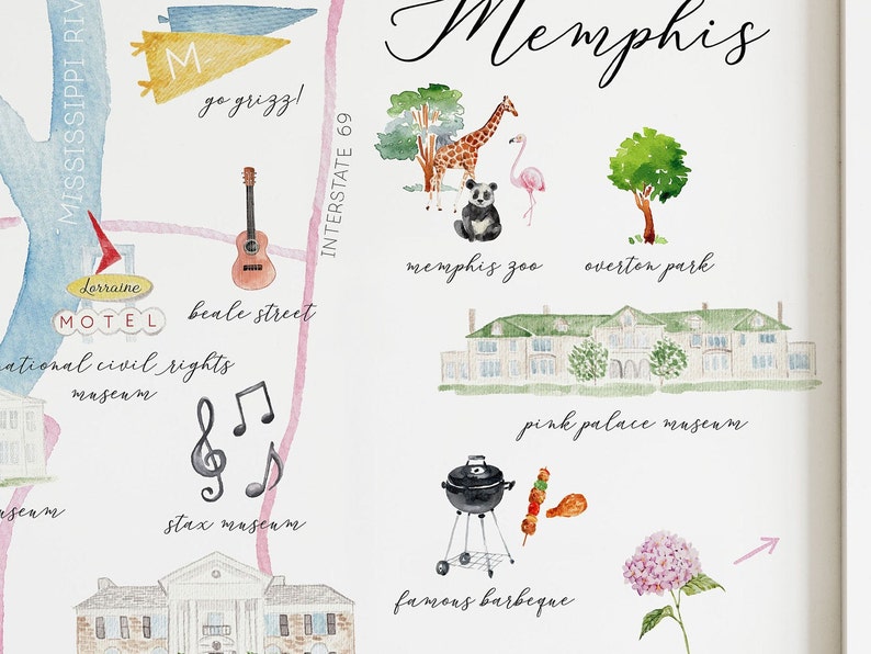 Memphis watercolor map illustrated map print Tennessee | Etsy