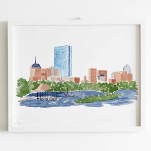 Boston Skyline Watercolor Print, Boston Cityscape Wall Art, Watercolor ...