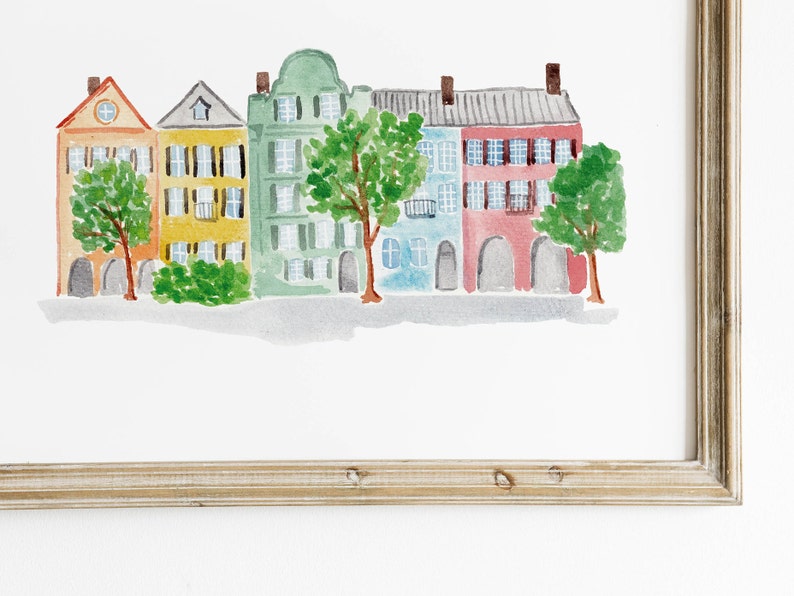 Rainbow Row watercolor wall art Charleston art print | Etsy