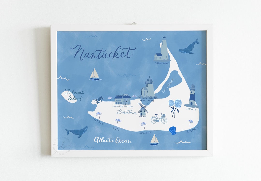 Nantucket Map Art Print, Nantucket Illustrated Map, Nantucket ...