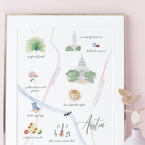 Austin Texas map art watercolor illustrated map PRINTABLE | Etsy