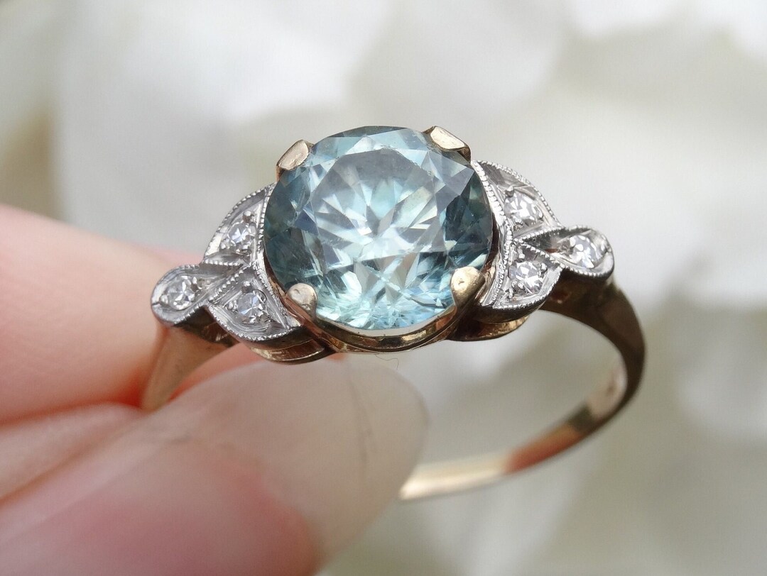 Art Deco Natural Blue Zircon Ring in 14ct Gold, Appraisal Included! - Etsy